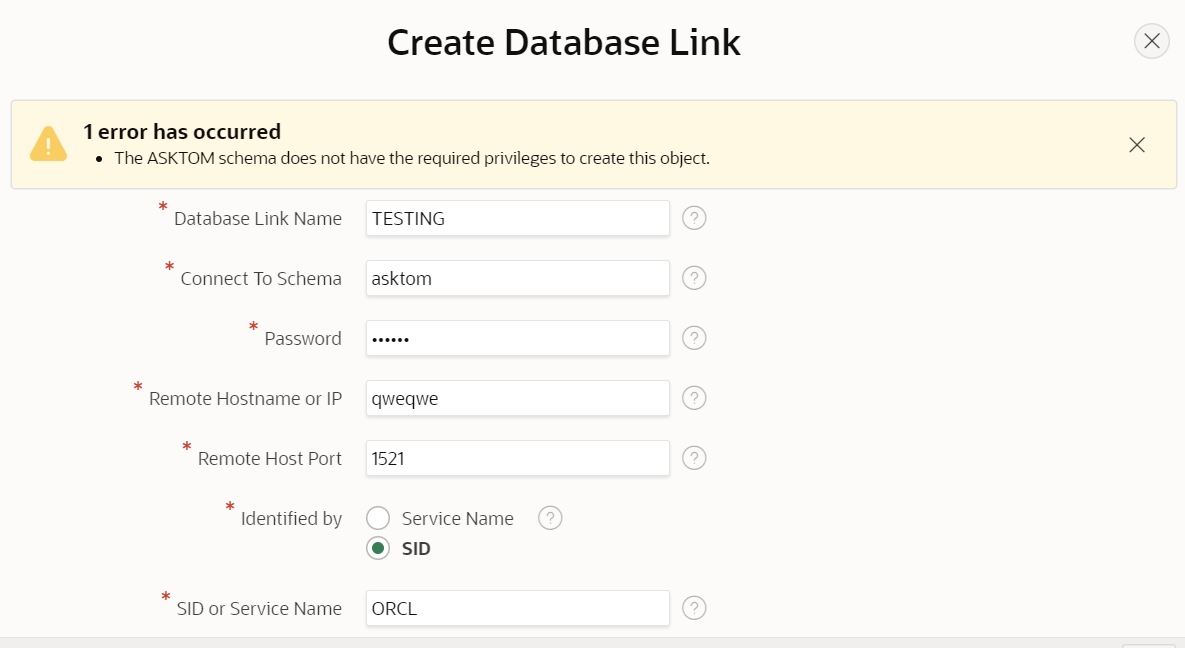 Privileges for apex schema to perform database link - Ask TOM